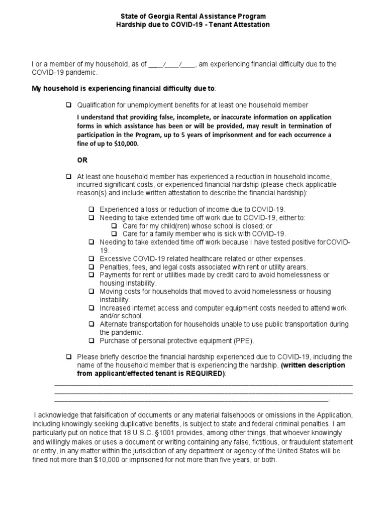 Hardship COVIDTenant Attestation | PDF | Renting | Homelessness