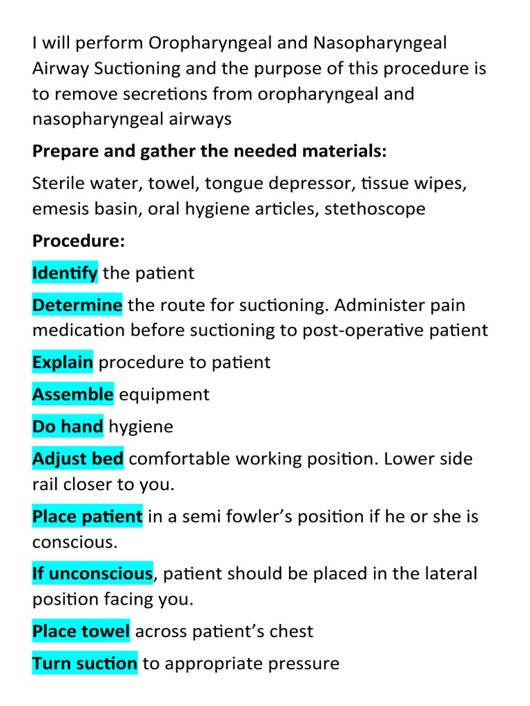 Proper Technique for Oropharyngeal and Nasopharyngeal Suctioning | PDF | Catheter | Hygiene