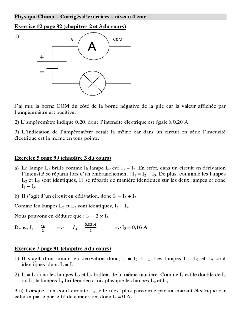 4eme - Electricite - Corrige Exercices Chap 1 2 3 4 | PDF | Tension électrique | Résistance ...