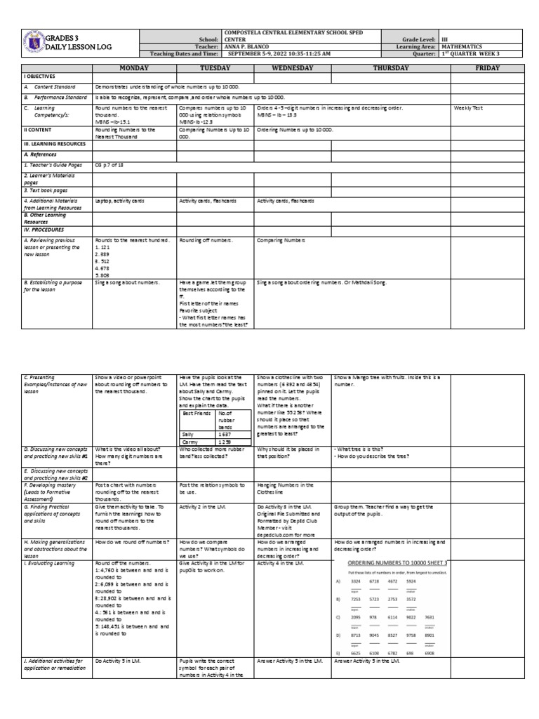 DLL - Mathematics 3 - Q1 - W3 | PDF | Learning | Cognition