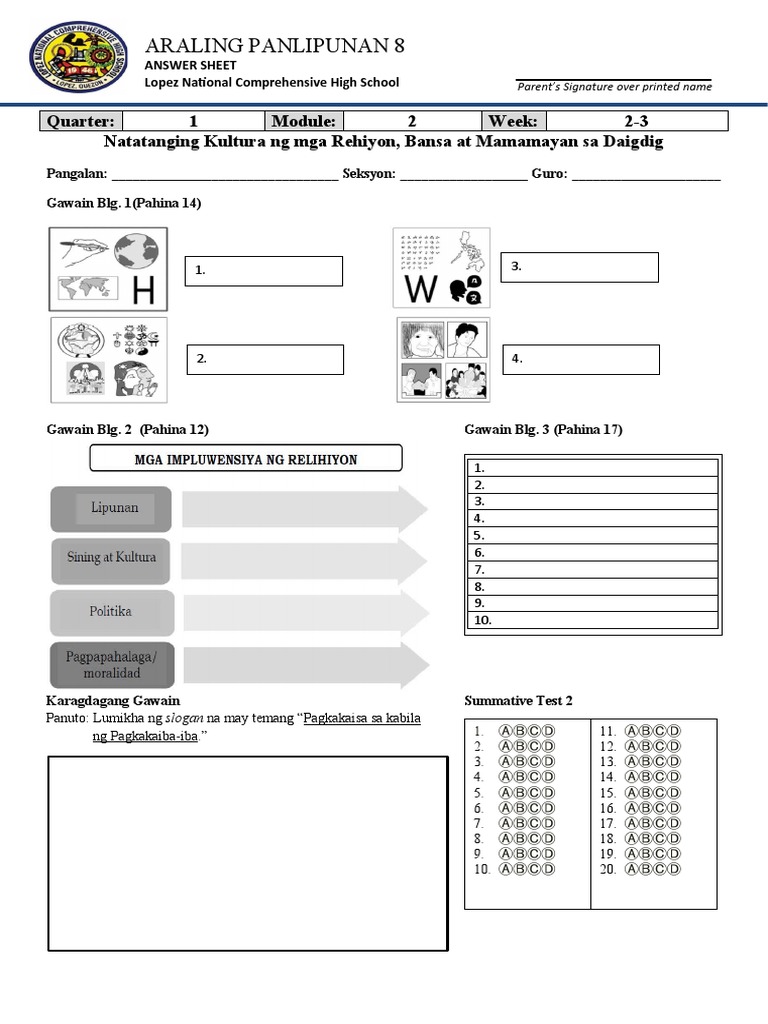 Grade 8 1st Quarter Answer Sheets Week 2 3 2 | PDF