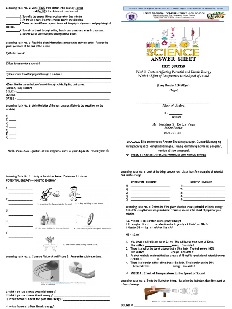 Sci8 AnsSheet Q1 Week3 4 | PDF | Sound | Mass