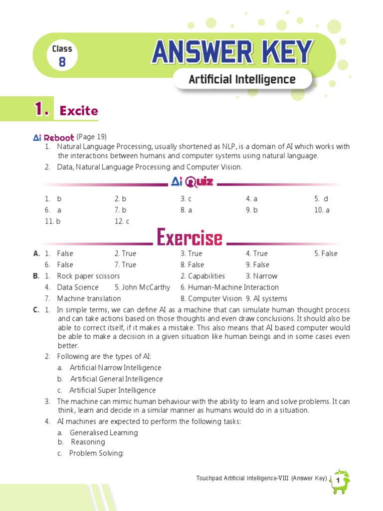 Class 8 Ai - Answer Keys | PDF | Artificial Intelligence | Intelligence (AI) & Semantics
