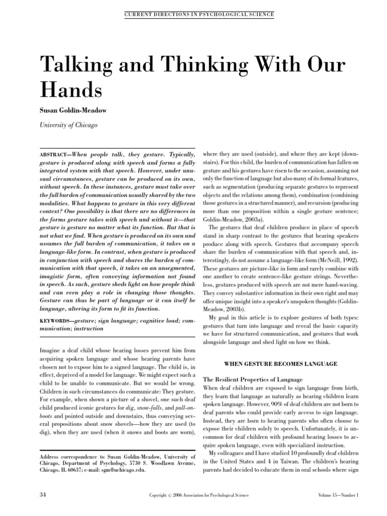 Talking and Thinking With Our Hands | PDF | Gesture | Sign Language