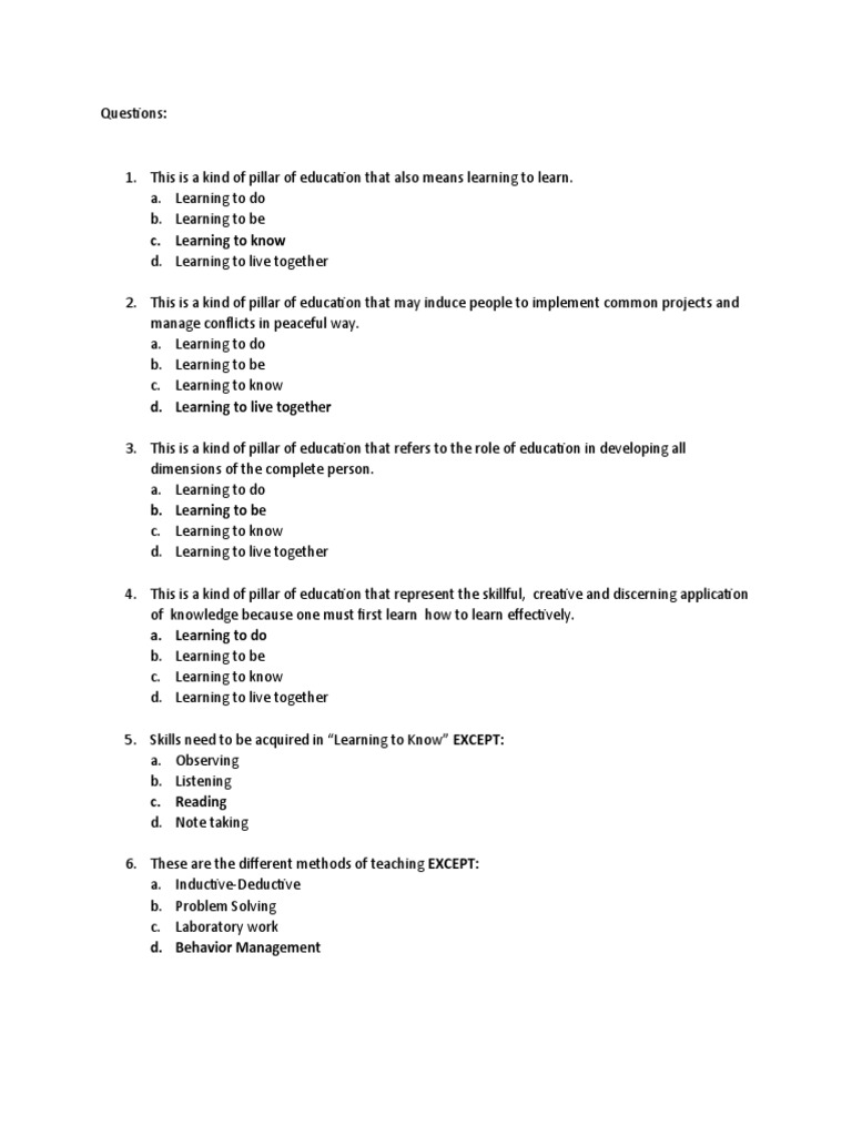 Pillar of Education Questions | PDF | Learning | Thought