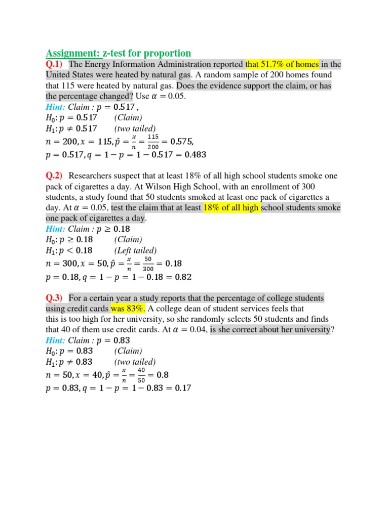 Z Test For Prop Assignment Pdf Statistics