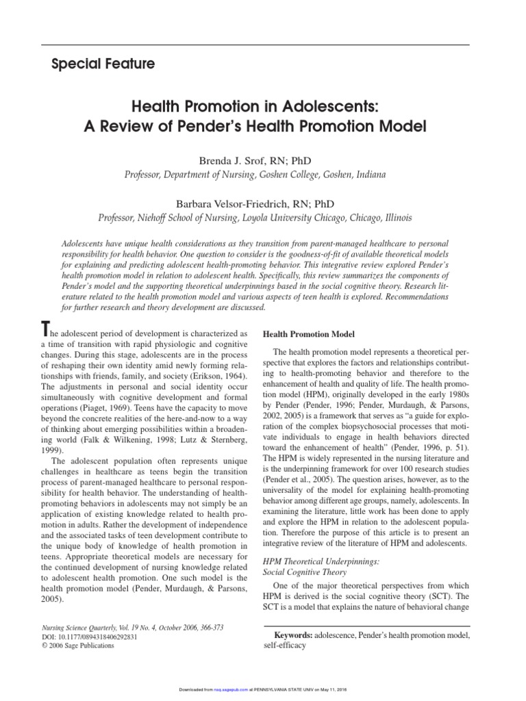 Health Promotion in Adolescents: A Review of Pender's Health Promotion ...