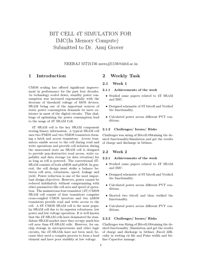 4T SRAM Cell Simulation for In-Memory Compute (IMC): Achievements ...