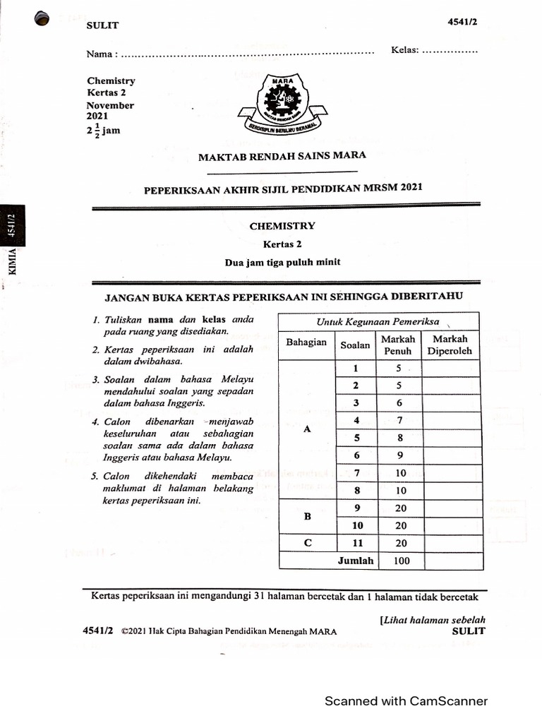 Kertas Trial Kimia MRSM k2 2021 | PDF