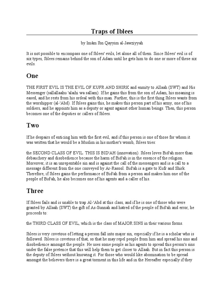 Traps of Iblees by Ibn Qayyum | PDF | God In Islam | Sin