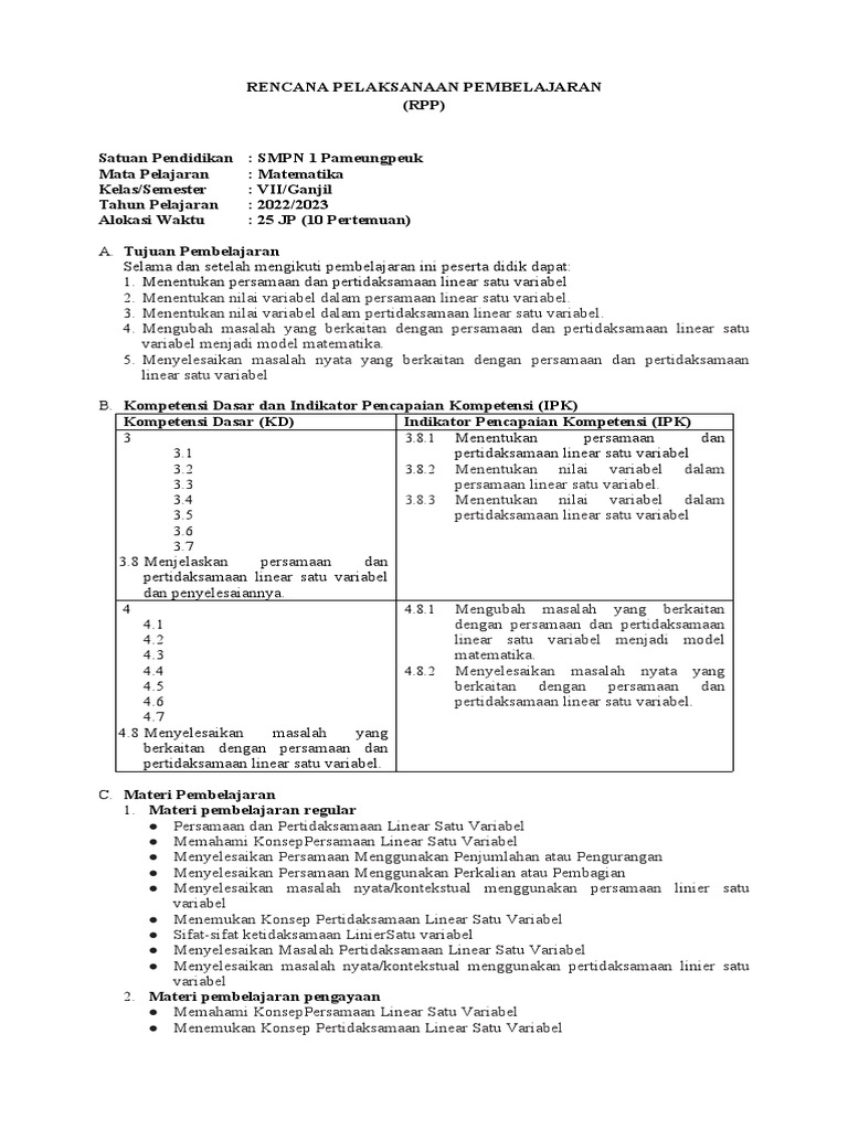 RPP Bab 4. Persamaan-Pertidaksamaan Linear Satu Variabel | PDF
