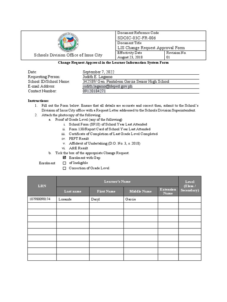 Change Request Approval in The Learner Information System Form | PDF
