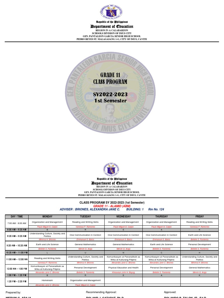 Grade 11 Class Program First Semester SY2022 2023 8 21 2022 | PDF