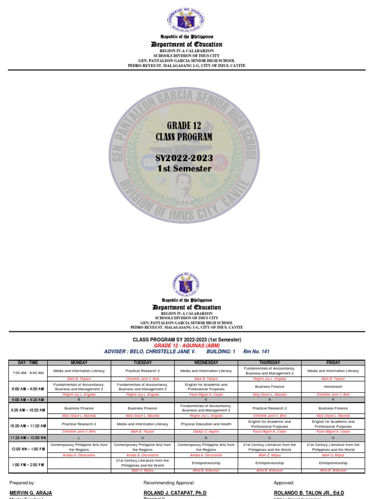 Grade 12 Class Program First Semester SY2022 2023 8 21 2022 | PDF ...