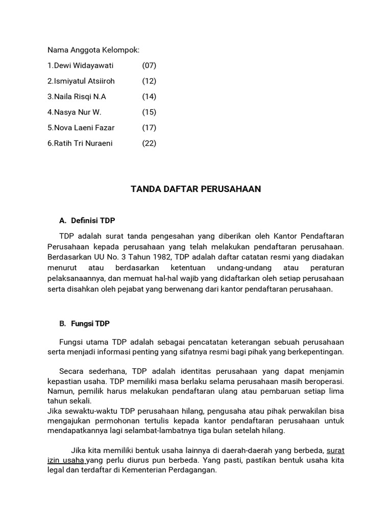 Tanda Daftar Perusahaan: A. Definisi TDP | PDF