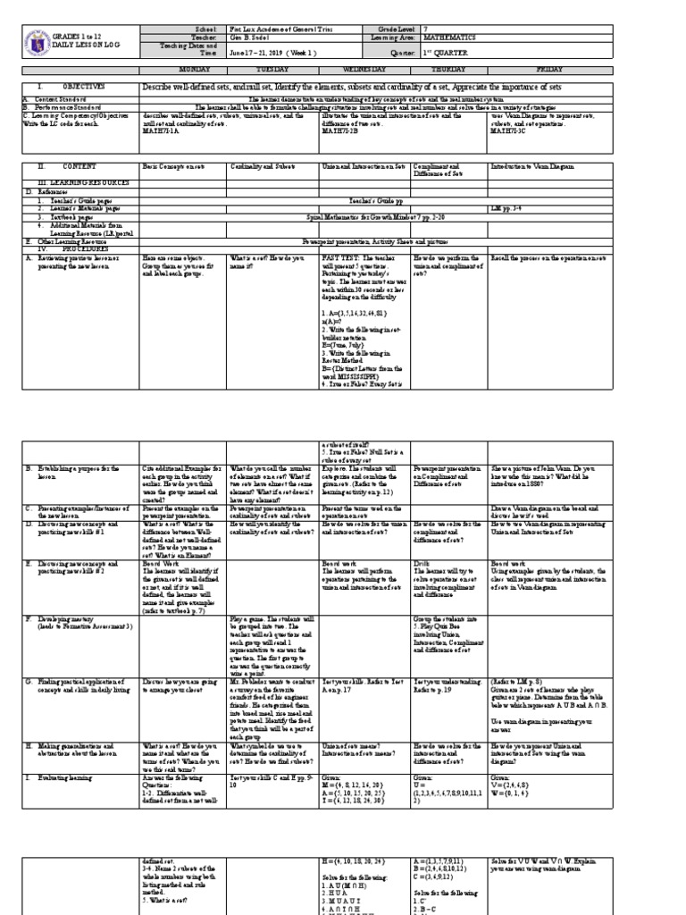 Math 7 Module 1: Sets and Operations | PDF | Set (Mathematics) | Behavior Modification