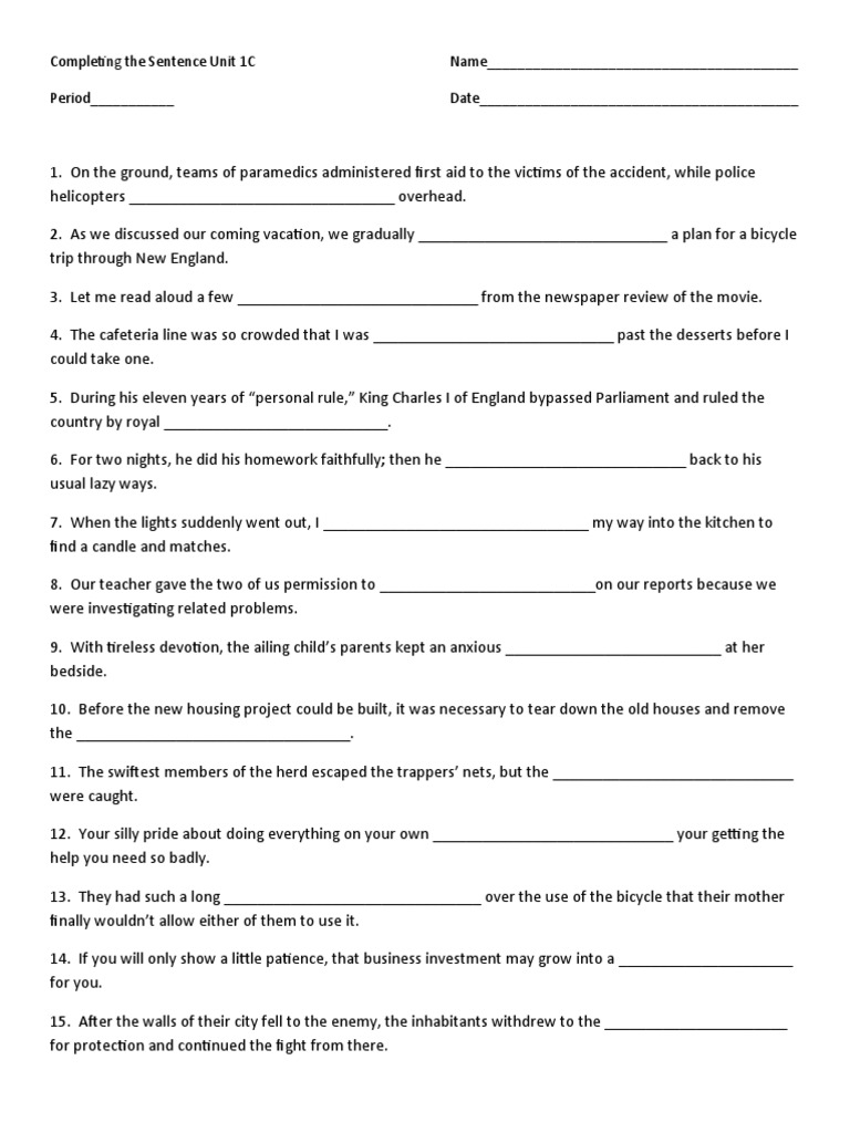Completing The Sentence Unit 1 | PDF