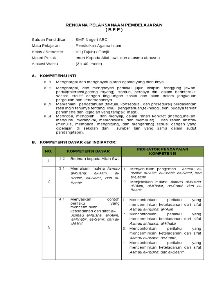 Contoh RPP PAI SMP Lengkap | PDF