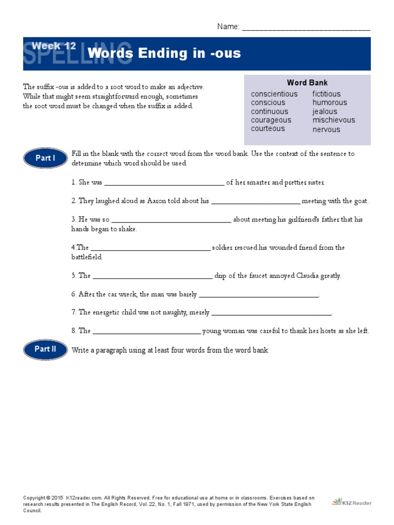 Words Ending in - Ous | PDF | Grammar | Linguistics