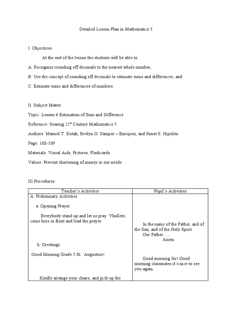 Estimating Sums and Differences in Grade 5 | PDF | Money
