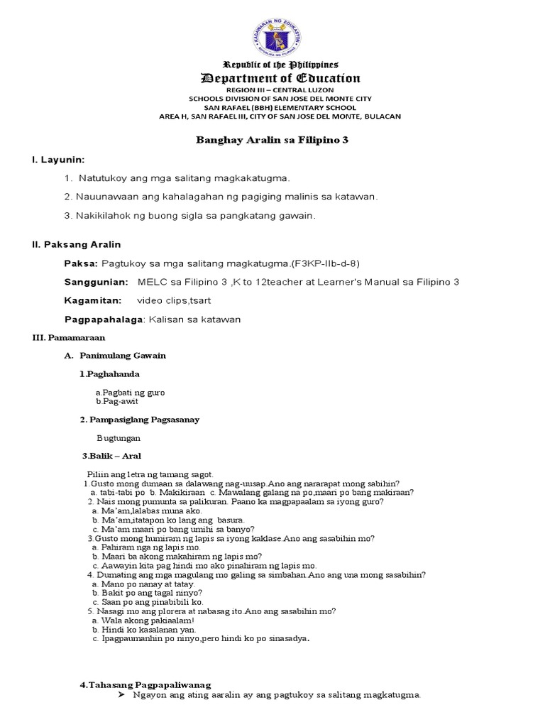 Banghay Aralin Sa Filipino 3 Len | PDF