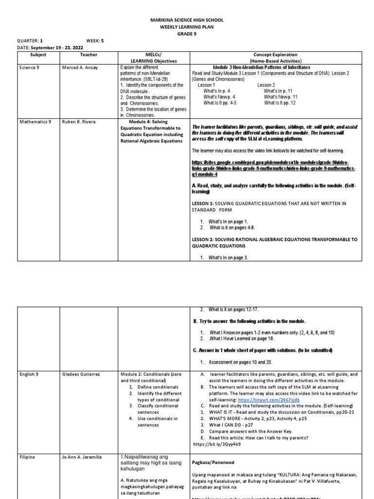 05 Level - WLP - Sept 19-23 (QTR 1 - Week 5) | PDF | Educational Technology | Learning