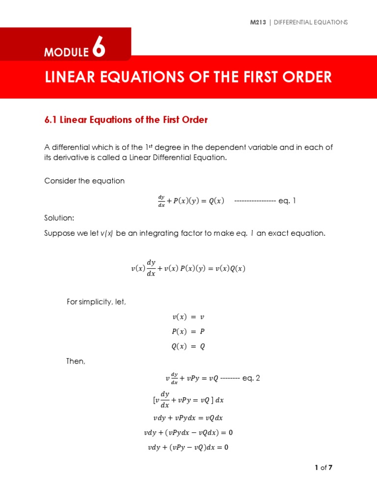 MODULE 6 - Linear Equations of The First Order | PDF | Equations | Differential Equations