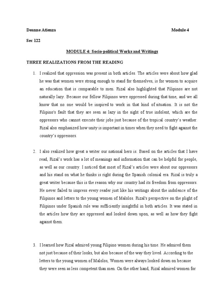 Deanne Atienza Sec 122 MODULE 4: Socio-Political Works and Writings Three Realizations From The ...