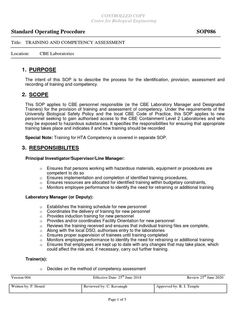 SOP086 Training and Competency Assessment | PDF | Laboratories | Risk