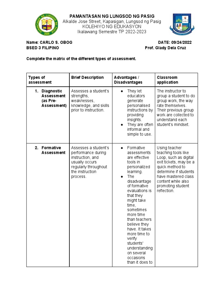 Obog, Carlo S. - Bsed 3 Filipino (It's Your Turn) Asssessment II | PDF | Educational Assessment ...