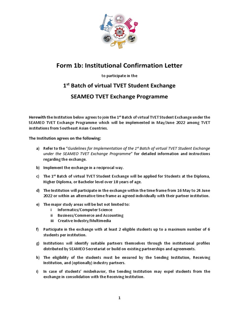 1 - Form1b - Institutional Confirmation Letter | PDF | Educational ...