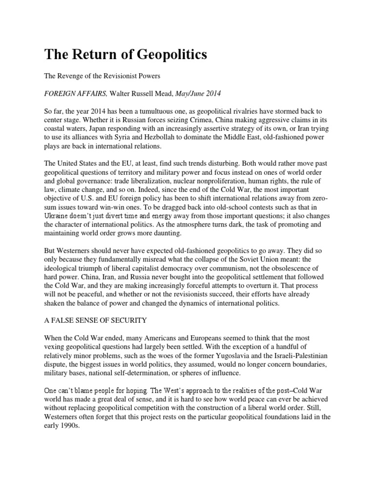 The Return of Geopolitics: The Resurgence of Revisionist Powers ...