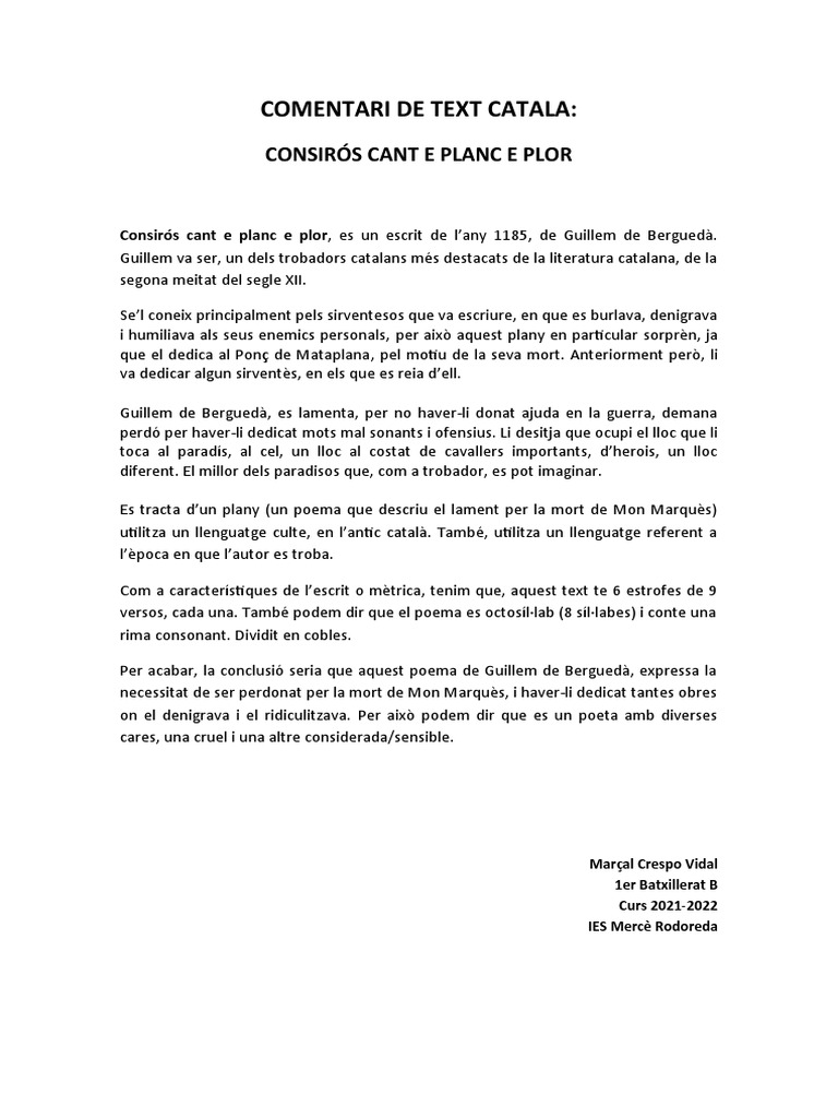 Comentari de Text Catala | PDF