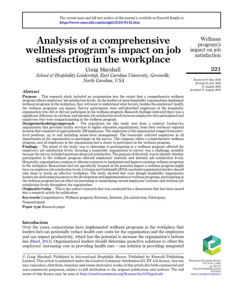 Analysis of A Comprehensive Wellness Program's Impact On Job ...