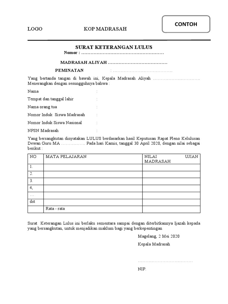 Contoh Surat Keterangan Lulus | PDF