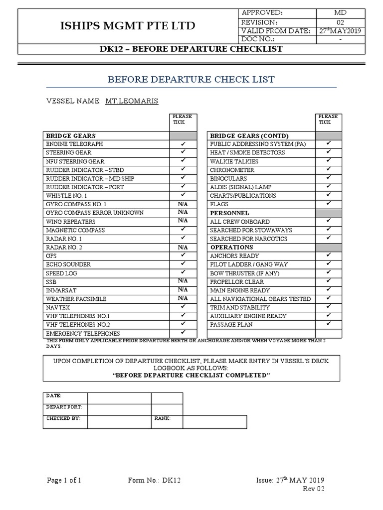 DK12 - Before Departure Check List | PDF | Transport | Watercraft