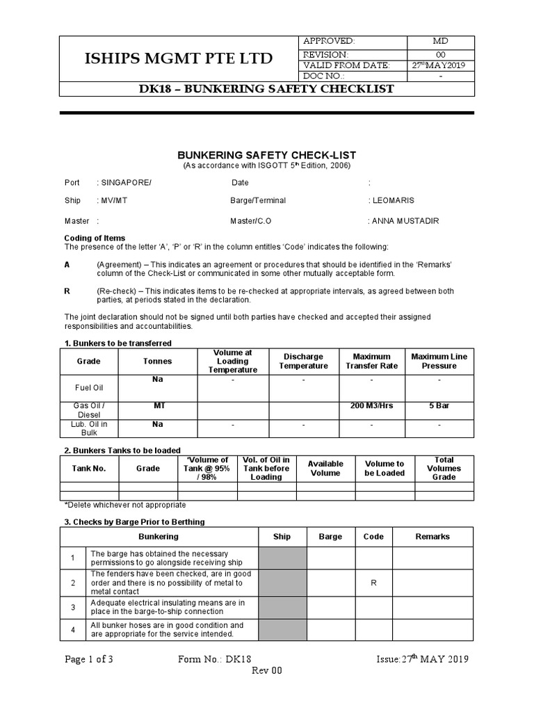 DK18 - BUNKER SAFETY CHECKLIST | PDF | Fuel Oil