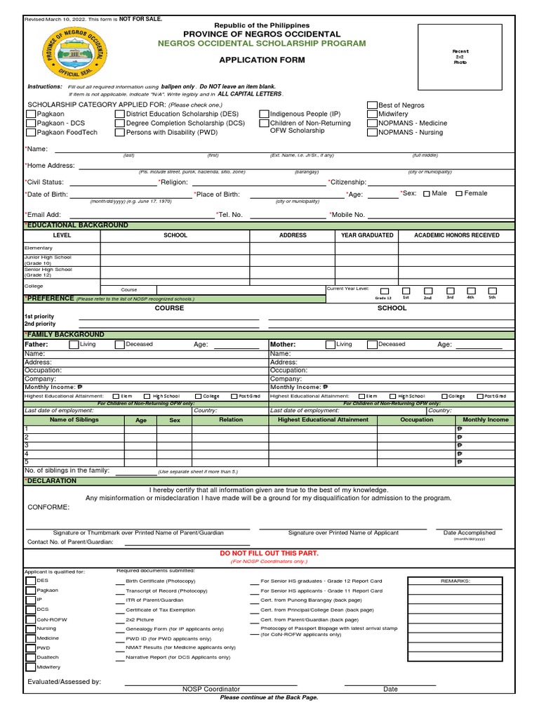 Negros Occidental Scholarship Application Form | PDF | Social Institutions