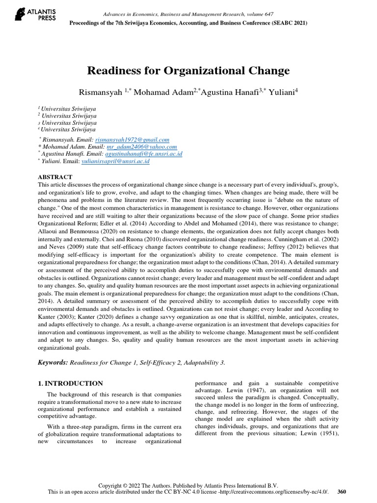 Readiness for Organizational Change | PDF | Self Efficacy | Change ...