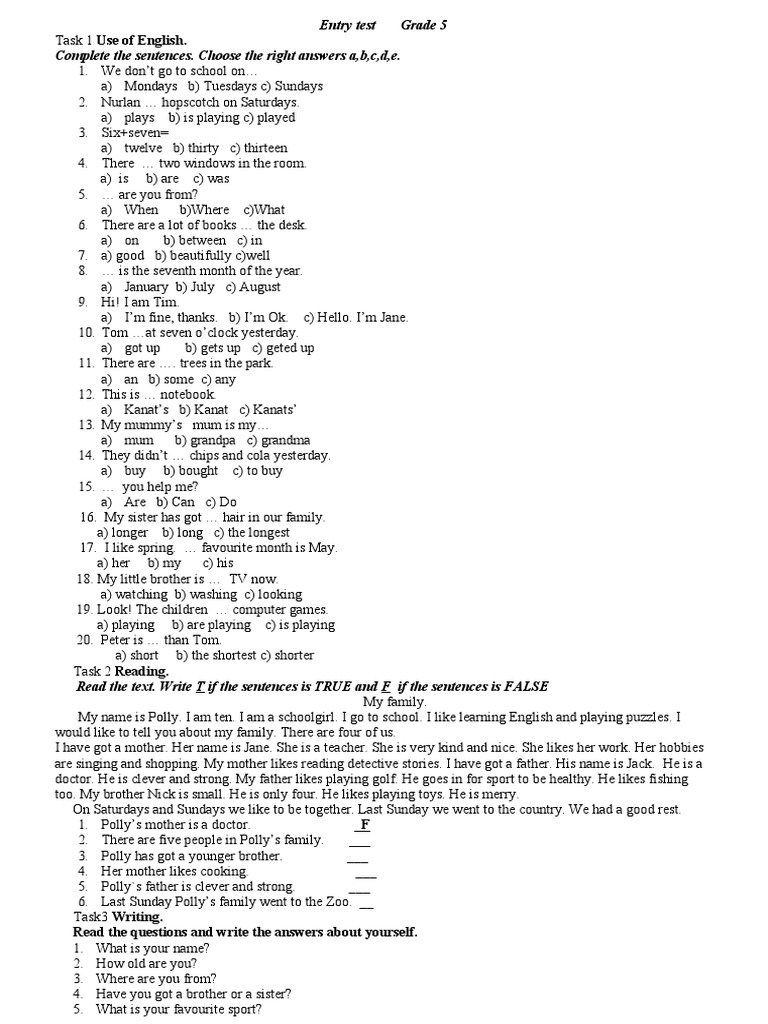 Entry Test Grade 5 2021 | PDF