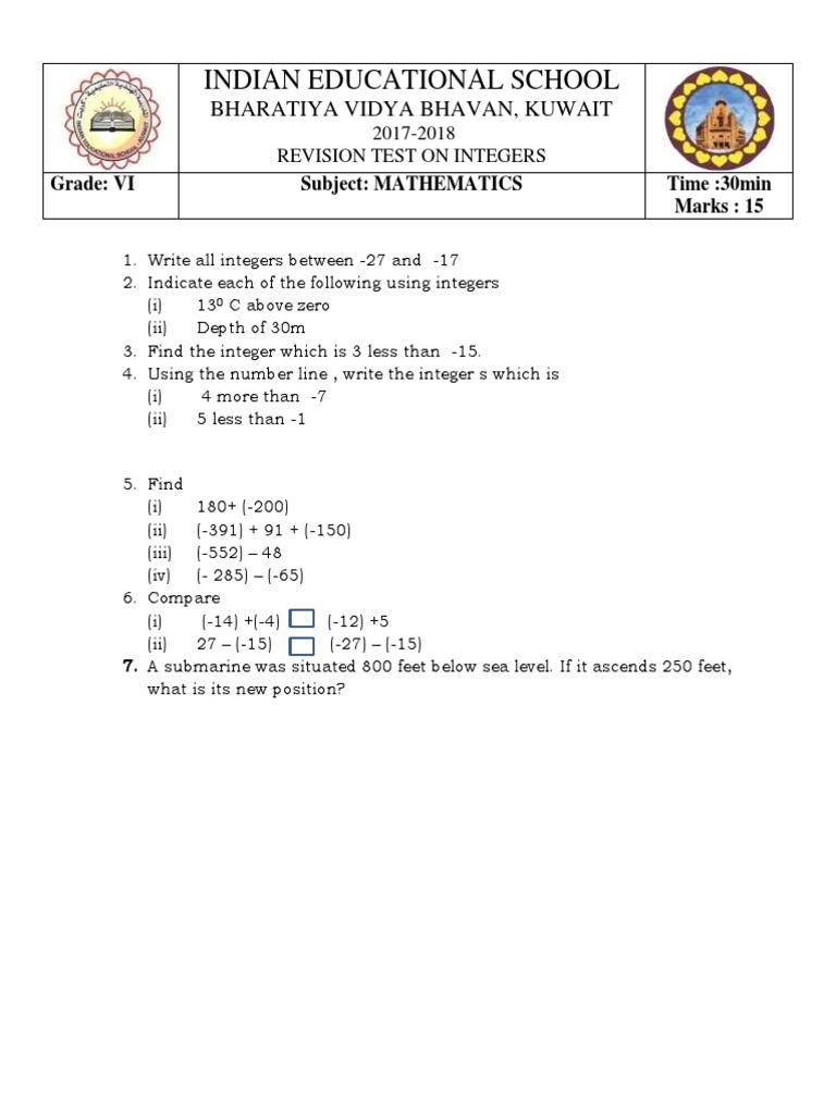 Revision For Integers - 1 | PDF