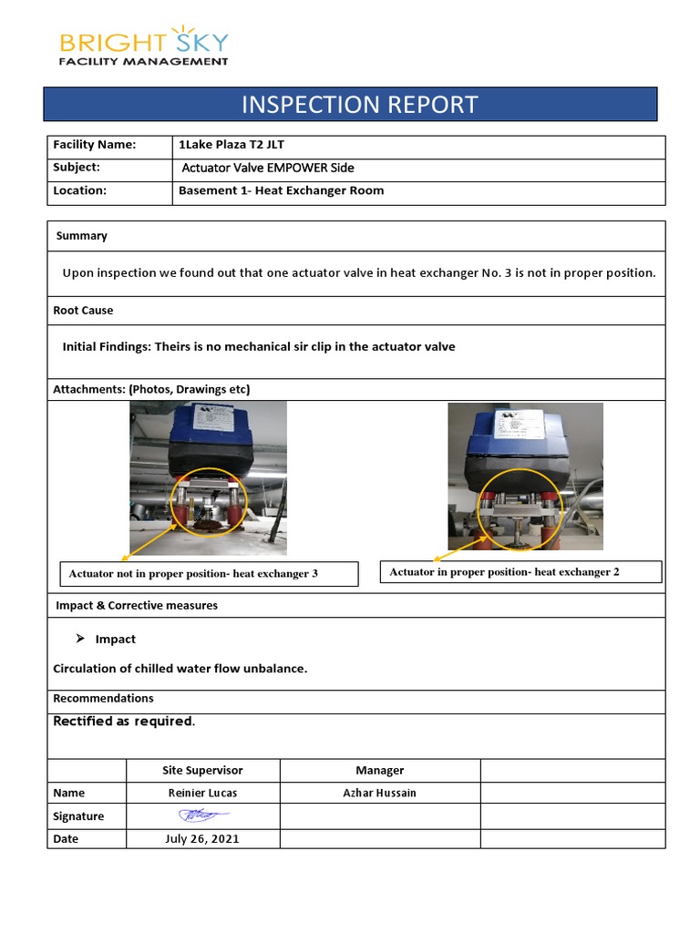 Inspection Report Actuator Valve For Heat Exchanger No. 3 | PDF