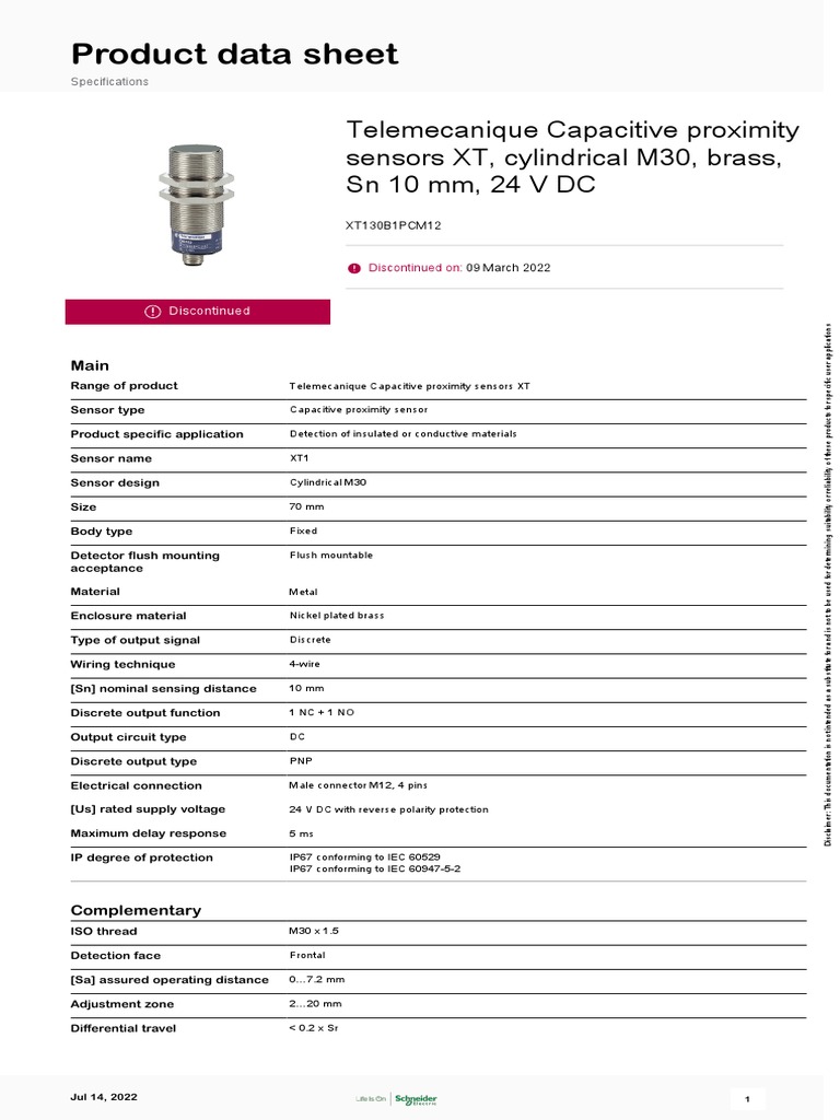 Product Data Sheet: Telemecanique Capacitive Proximity Sensors XT ...