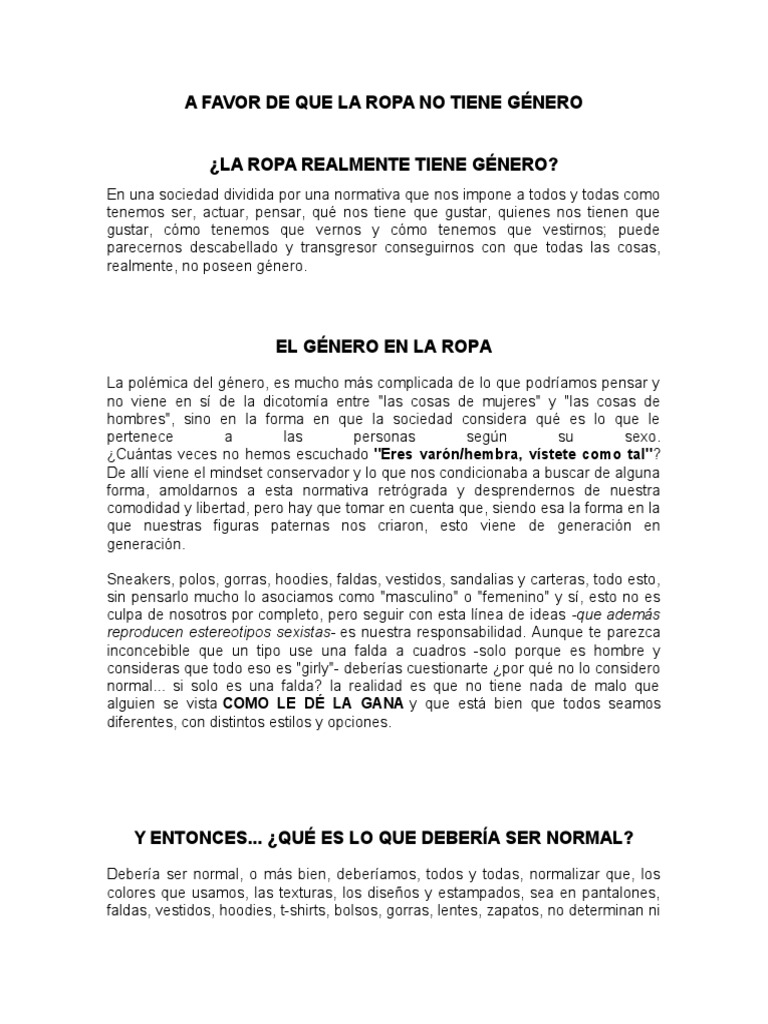 A FAVOR DE QUE LA ROPA NO TIENE GÉNERO (Español) | PDF | Género | Estudios de género