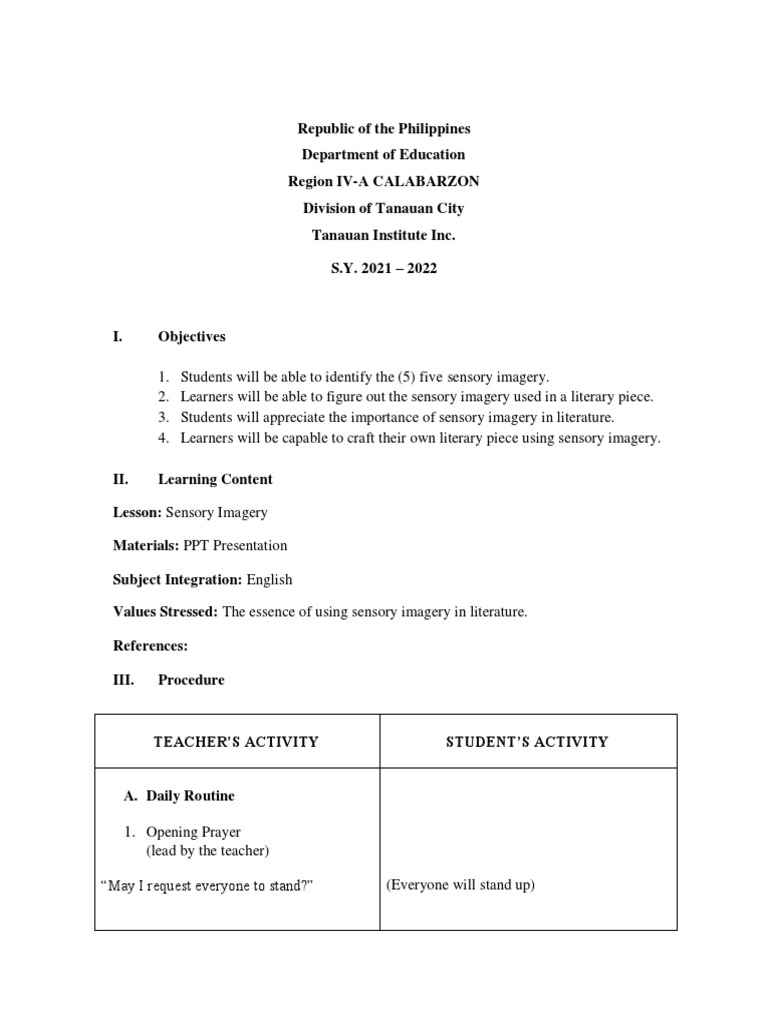 Sensory Imagery Lesson Plan for Grades 8-9 | PDF | Senses | Perception