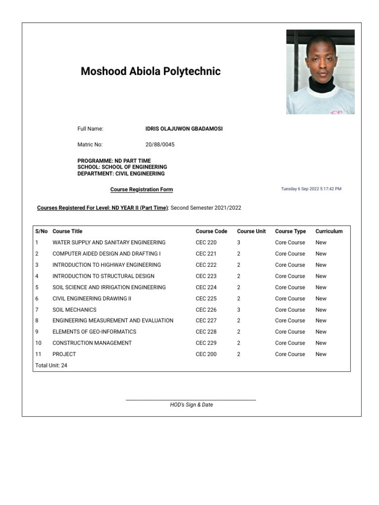 Correct J Moshood Abiola Polytechnic - Course Registration Form | PDF