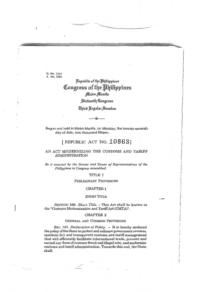 Republic Act No.10863 - Customs Modernization and Tariff - Part 1 - 30. ...