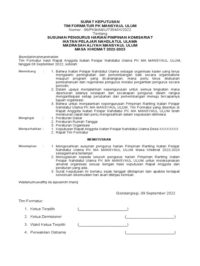 Surat Keputusan Tim Formatur | PDF