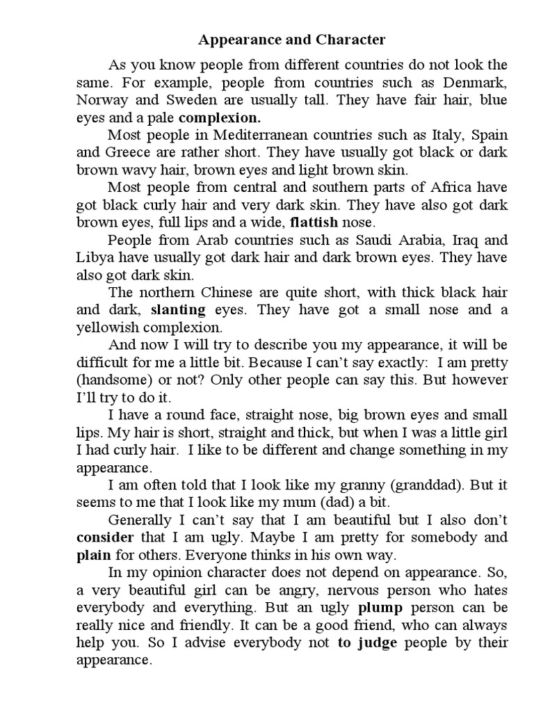 Topic 1. Appearance and Character | PDF | Hair