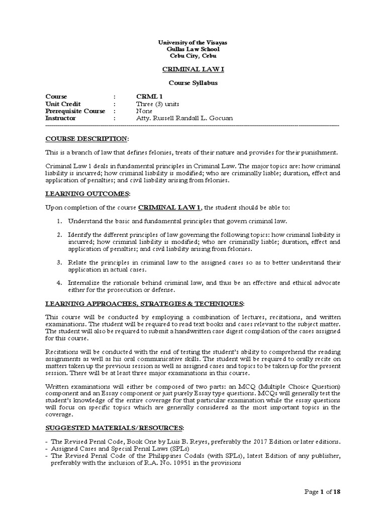 Crim 1 Syllabus | PDF | Test (Assessment) | Multiple Choice
